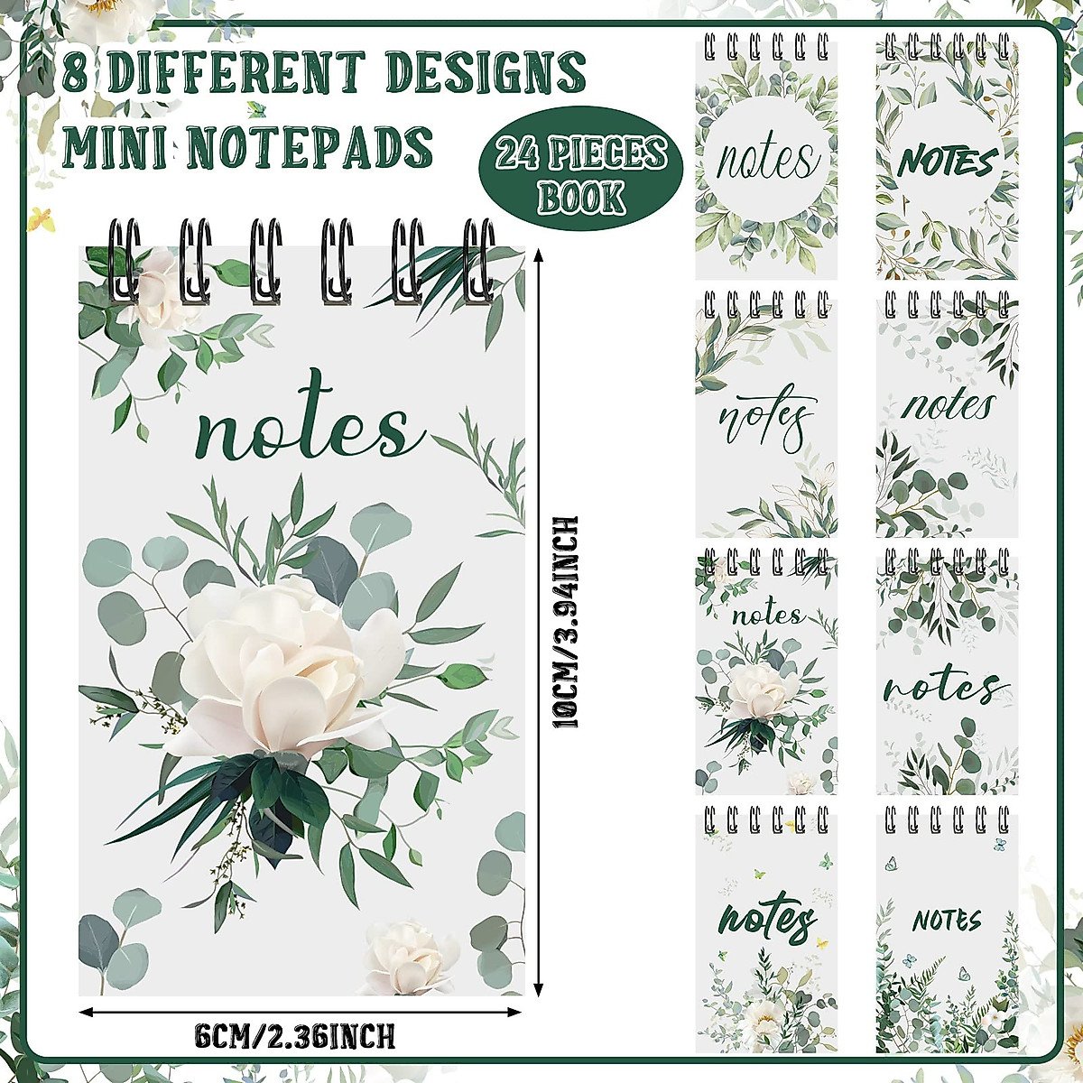 Yeaqee 24 Pcs Greenery Eucalyptus Spiral Notebook Mini Aesthetic Spiral Notebook Cute Eucalyptus Flower Party Favors Journal Small Memo Note Pad Bulk for Office Supplies Wedding Party