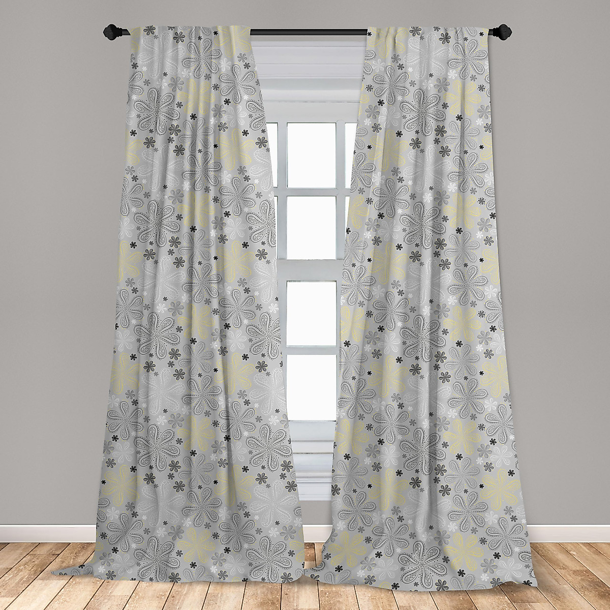 Ambesonne Grey and Yellow Window Curtains, Bohem Style Paisley Print Flowers Dots Art Image, Lightweight Decor 2-Panel Set with Rod Pocket, Pair of - 28" x 63", Grey White