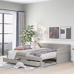 CITYLIGHT Twin to King Daybed with Storage Drawers, Wood Extendable Daybed with Trundle, Kids Sofa Bed Frame for Bedroom Living Room, No Box Spring Needed (Twin to King, Gray)