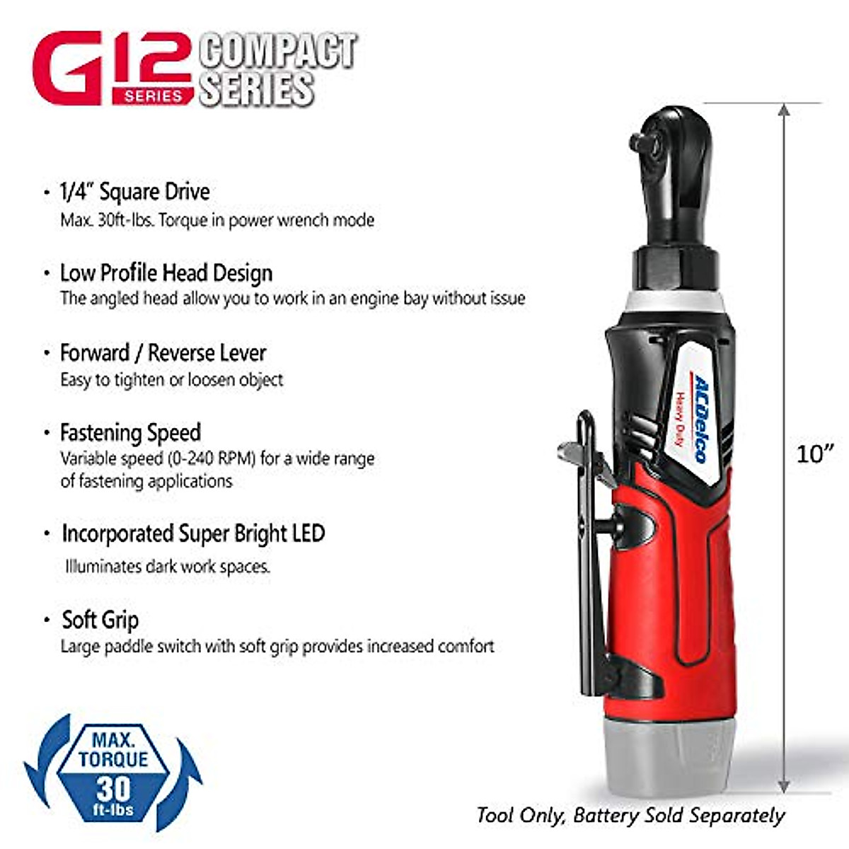 ACDelco ARW1207T G12 Series 12V Cordless Li-ion 1/4” 30 ft-lbs. Ratchet Wrench – Bare Tool Only