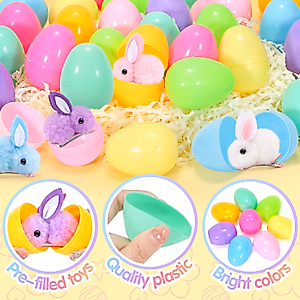 SevenQ Easter Eggs Fillers with Bunny Hair Clips Colorful 24 Pack, Easter Basket Stuffers Party Favors Gift Bags for Kids Cute Stuff Plush Fidget Toys Classroom Treasure Box Egg Hunt Games Supplies