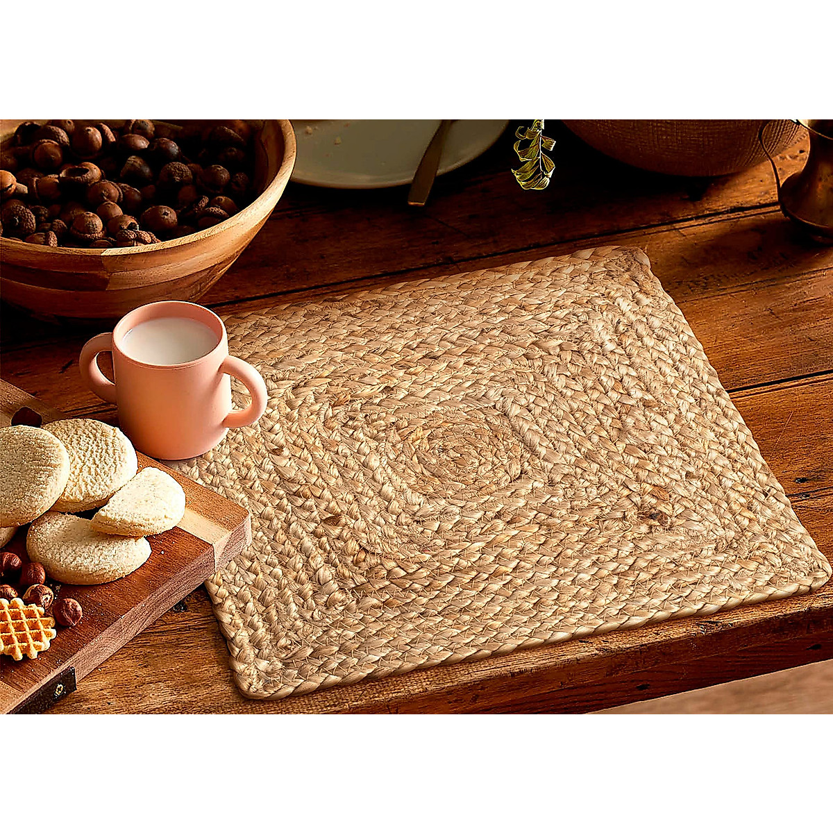 Jute Placemat,Placemat,Braided Placemats,Round Placemats Set of 4,100% Jute Braided Placemats Set of 4 Reversible (Natural 13x13 Square) Farmhouse Vintage Jute Placemats for Dining Table