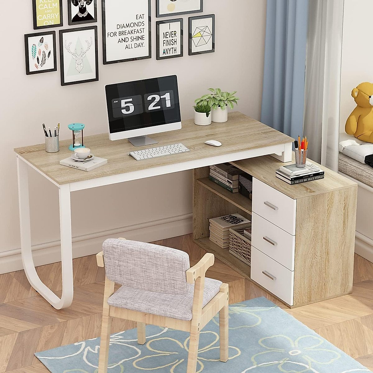Computer Desk for Home and Office Corner Desk with 3 Drawers and 2 Shelves, 55 Inch Large L-Shaped Computer Disk and Writing Table - Walnut