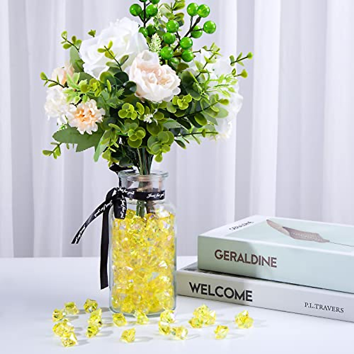 DomeStar Iridescent Yellow Acrylic Ice Rocks, 180PCS Holographic Crushed Ice Dazzling Fake Diamonds Sparkling Plastic Gems for Vases Fillers Table Scatter Decoration Game