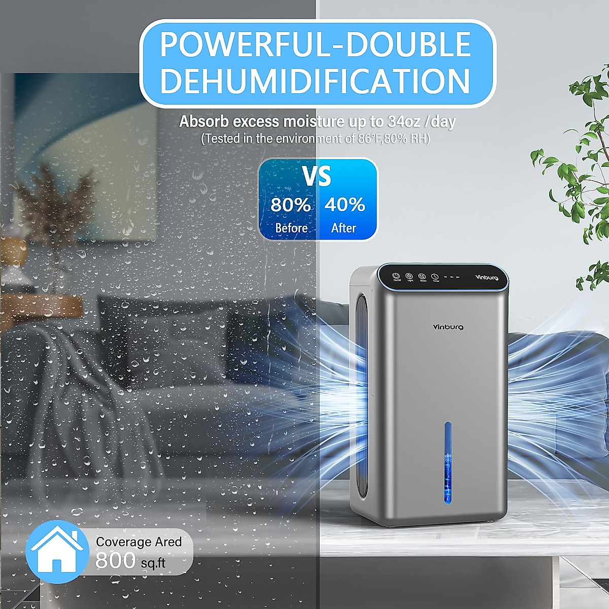 Dehumidifier for Home, 85 OZ Water Tank, (800 sq.ft.) Small Dehumidifier with Drain Hose for Bathroom Bedroom with Auto Shut Off, Timer, 7 Colors LED (Sliver)
