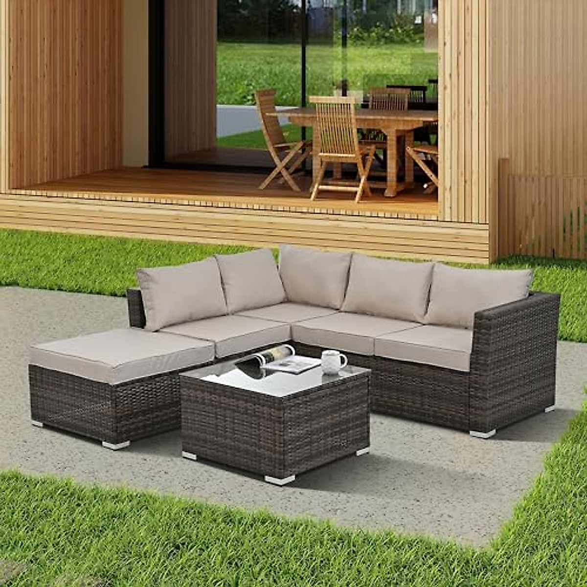 Patio Furniture Outdoor Seasonal Pe Wicker 4 Set with Tempered Glass Coffee Table Grey Rattan Deep Seating
