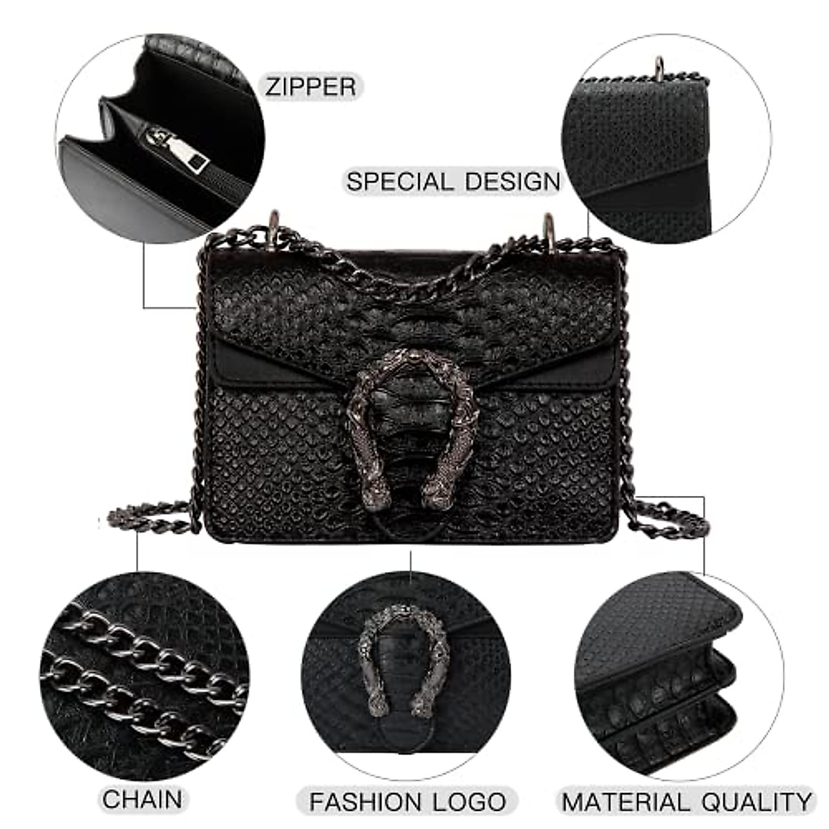 GLOD JORLEE Trendy Chain Crossbody Bags for Women - Luxury Snake-Printed Leather Shoulder Satchel Bag Evening Clutch Purse Handbags (Black, Size:XS)
