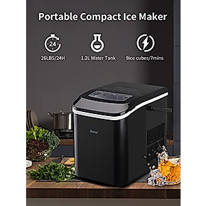 Ice Makers Countertop, 26lbs in 24 Hours, 9 Ice Cubes Ready in 7 Mins, Self-Cleaning Electric Ice Making Machine with Ice Scoop and Basket, L&S Bullet Sizes for Home Party Office Bar Camping
