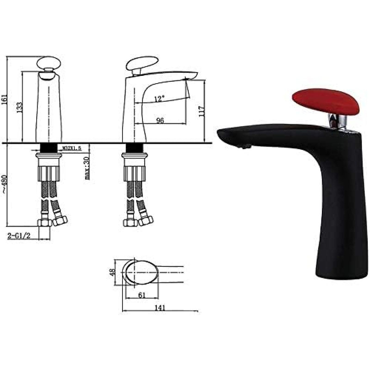 Kitchen Taps Modern Black Bathroom Basin Faucet with Red Round Handle Faucet Bathroom for Bathtub Cold Water and Hot Water Mixer Taps