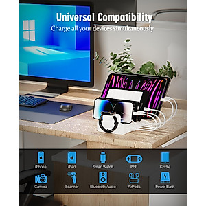 ₂₀₂₃𝘕𝘦𝘸 Charging Station Multiple Charger Station - 6-Port USB Fast Charging Dock 50W Organizer Station with Watch Charger for iPhone|Android Cell Phone|iPad|Kindle|Watch|Tablet