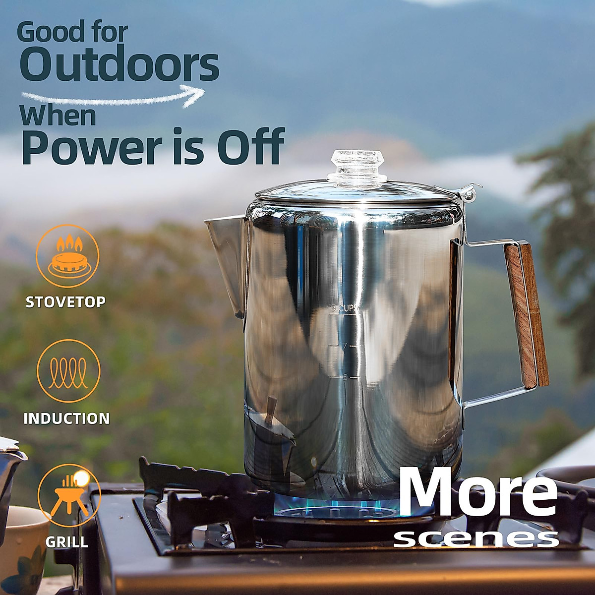 MEREZA Camping Coffee Pot Stovetop Coffee Maker Percolator Campfire Coffee Pot Stainless Steel Coffee Pot Camping Outdoors Home 9 Cup No Aluminum & Plastic Fast Brew