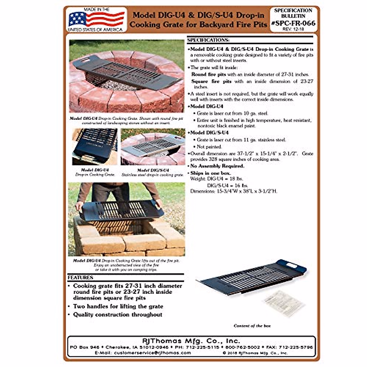 Pilot Rock Drop-in Cooking Grate for Round or Square Fire Pits DIG-U4 Park Grill - Made in The USA -