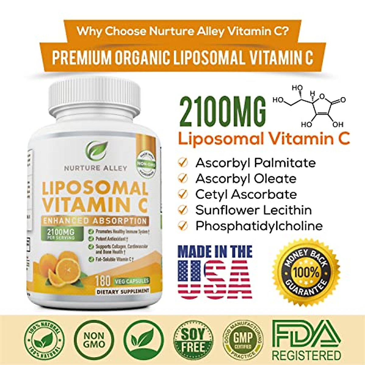 Nurture Alley Liposomal Vitamin C 2100mg- 180 Capsules High Absorption Ascorbic Acid - Supports Immune System and Collagen Booster - Powerful Antioxidant High Dose Fat Soluble Supplement