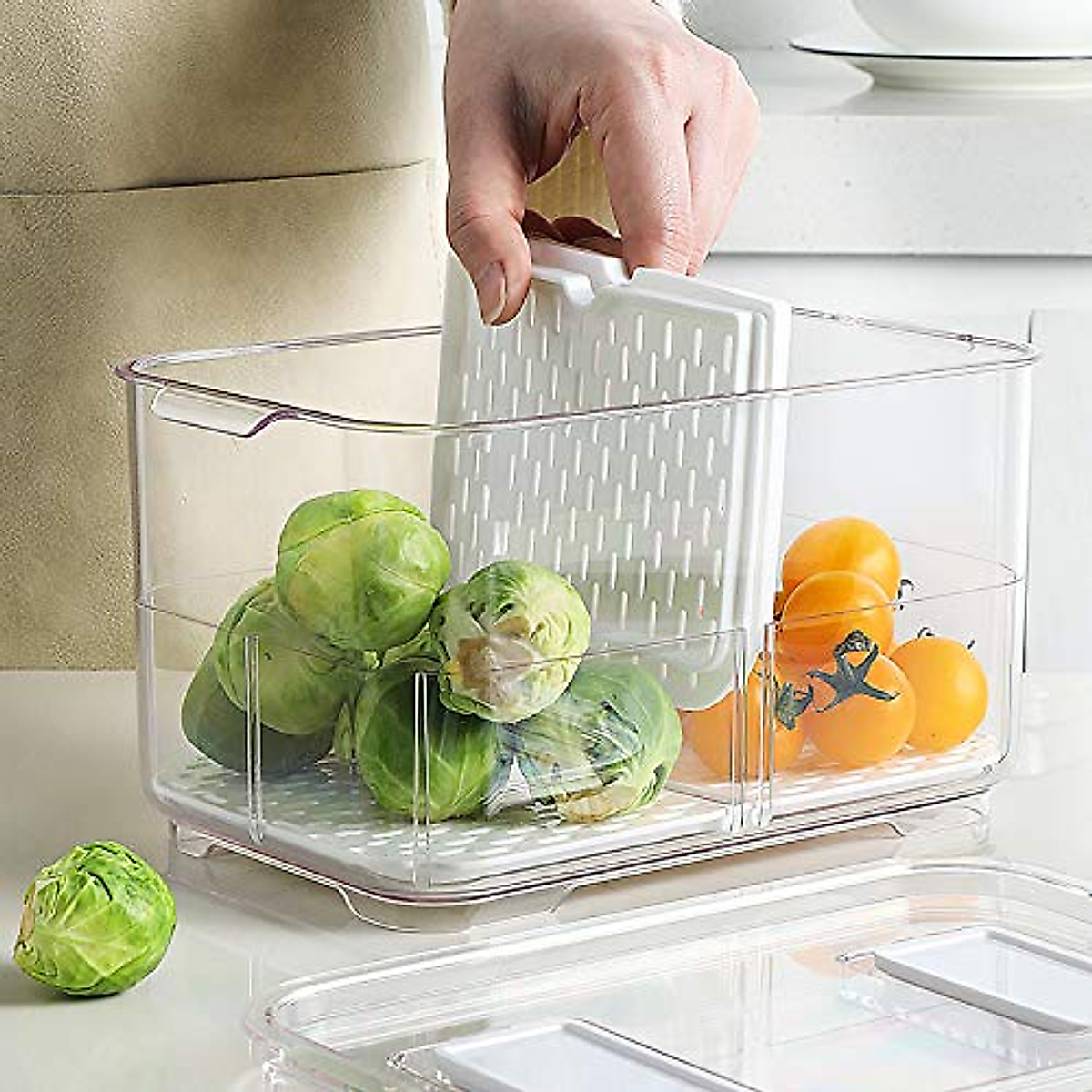 SANNO Fridge Food Storage Containers Produce Saver FreshWorks Produce Food Storage Container Bin Stackable Refrigerator Kitchen Organizer Keeper, with Removable Drain Tray to Keep Fresh