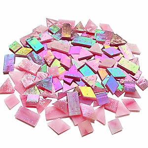 KALUCION Magic Iridescent Pink Stained Glass Mosaic Tiles for Crafts, 280 Pieces Mixed 4 Shapes Stained Glass Sheets Pieces for Mosaics