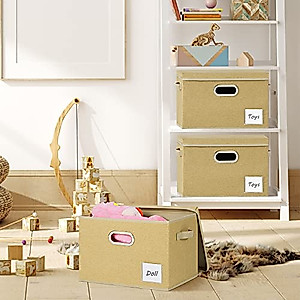LHZK Large Storage Bins with Lids 9 Pack, Linen Fabric Storage Boxes with Lids, Foldable Storage Baskets with 3 Handles and Label Window for Shelves Bedroom Closet Office (15.75x11.8x10.2inch)