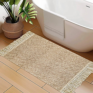 Small Bathroom Rug, 2'x 3' Boho Entryway Rug Washable Cotton Woven Front Door Mat with Tassels, Low Pile Reversible Kitchen Rugs Soft Tan Throw Rug Farmhouse Carpet for Indoor Entry Décor
