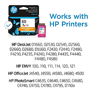 Original HP 60 Tri-color Ink Cartridge | Works with DeskJet D1660, D2500, D2600, D5560, F2400, F4200, F4400, F4580; ENVY 100, 110, 120; PhotoSmart C4600, C4700, D110a Series | CC643WN