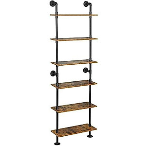 ZIOTHUM 6-Tier Industrial Pipe Shelves Shelf Shelving Rustic Wood Metal Wrought Iron Ladder Bookcase Bookshelf Wall Mounted Mount DIY Loft Vintage Floating Hanging Storage Display (23.6x9.8x78.7”)