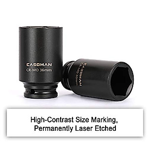 CASOMAN 1/2- Inch Drive Deep Spindle Axle Nut Impact Socket Set, 6-Piece 1/2" Dr. Deep Impact Socket Set,6 Point, CR-MO, Metric, Impact Grade, 30mm, 32mm, 33mm, 34mm, 35mm, 36mm