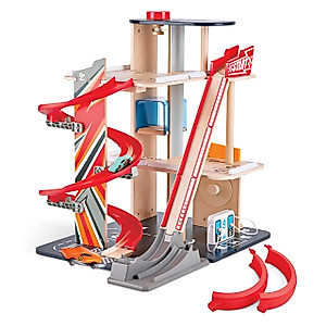 Hape Gearhead Stunt Garage Kids Wooden Toy Car Parking Garage Playset w/Elevator and 2 Exit Tracks, Detachable Loop, Includes 2 Wooden Toy Racecars