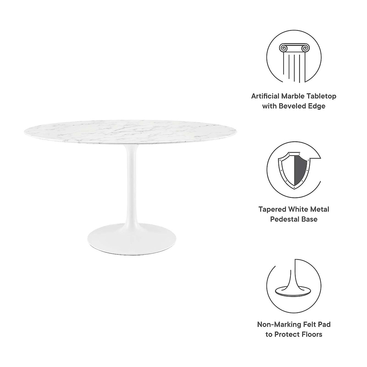 Modway Lippa 54" Oval-Shaped Mid-Century Modern Dining Table with Artificial Marble Top and White Base