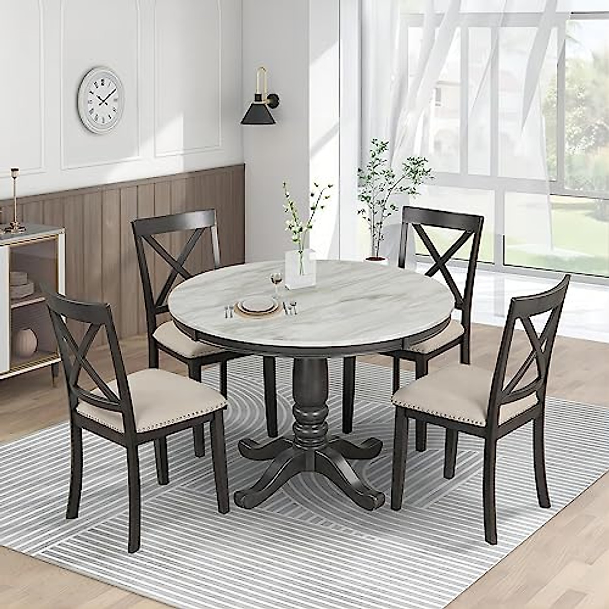 Xshelley Dining Table Set for 4, 5 Piece Dining Table Set with Faux Marble Finished Table and 4 Upholstered Chairs, Modern Dining Table Set for Kitchen Dining Room Living Room (Grey)