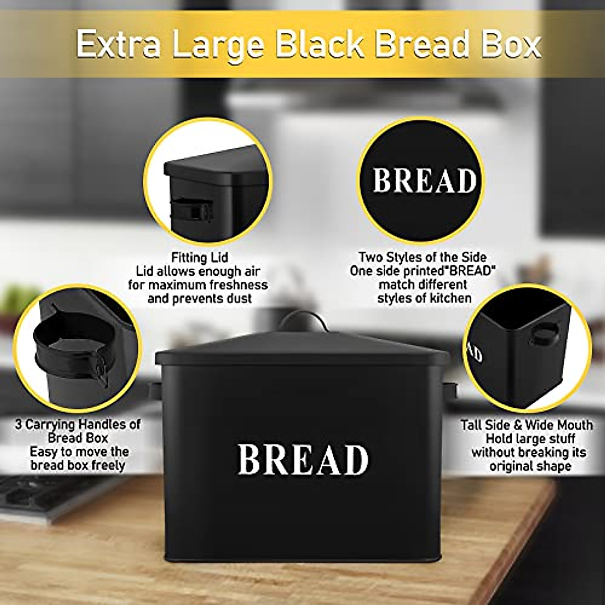 P&P CHEF Extra Large Black Bread Box with Lid, Metal Bread Storage Container for Farmhouse Kitchen Countertop, 13.1” X 11.81” X 7.2” Inches for Holding 2+ Loaves, Indoor & Outdoor Use
