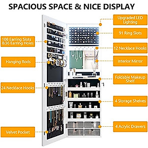 Vlsrka 47.2" LED Jewelry Mirror Cabinet, Wall/Door Mounted Jewelry Armoire Organizer with Full-Length Mirror, Large Capacity Storage Hanging Cabinet, 4 Drawers, 5 Shelves, Built-in Lighted Mirror