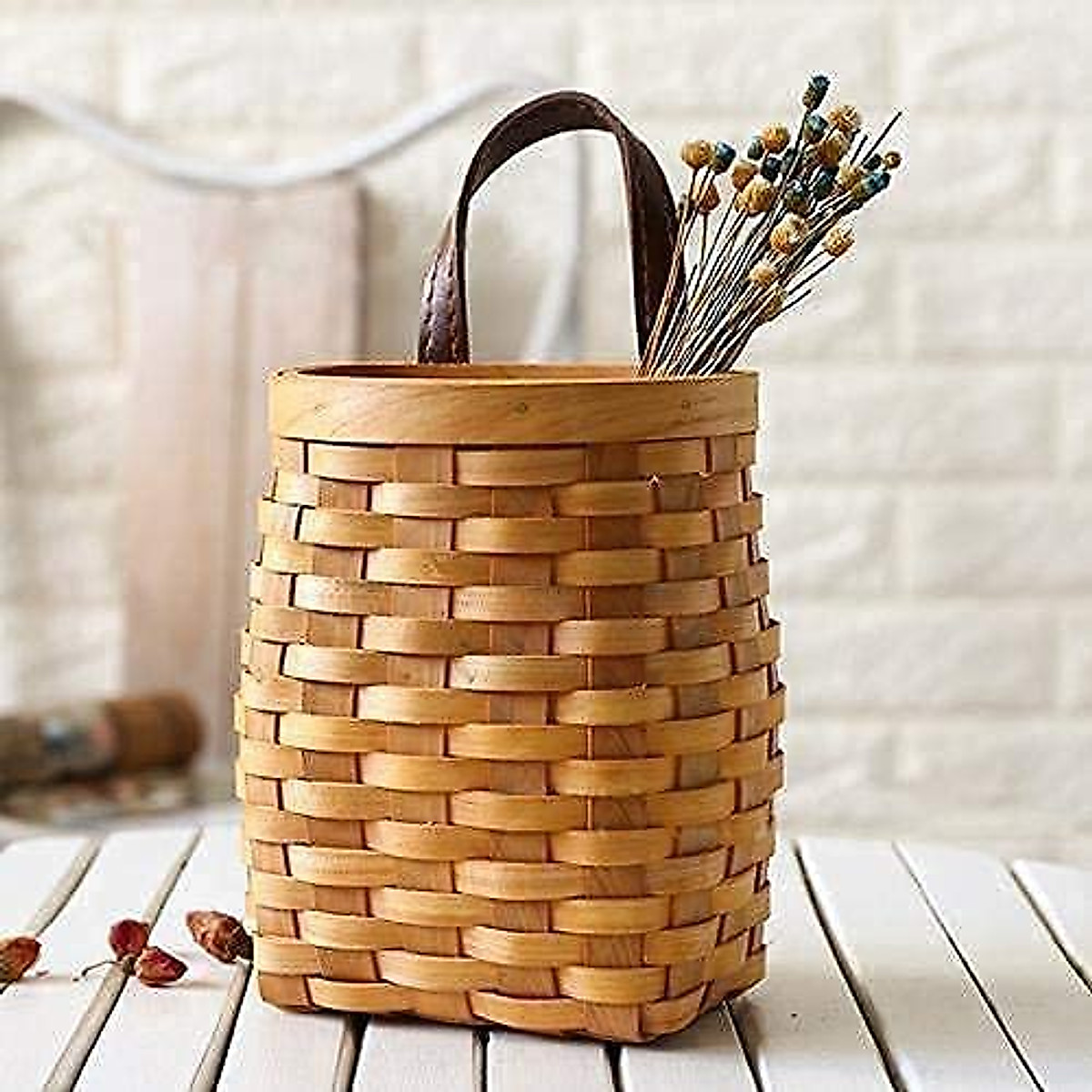 hanging wicker basket Hand-Woven Wood Storage Basket Portable Wall Hanging Flower Basket Organizer Fruit Vegetable Rattan Box Home Decoration Height 6.1in