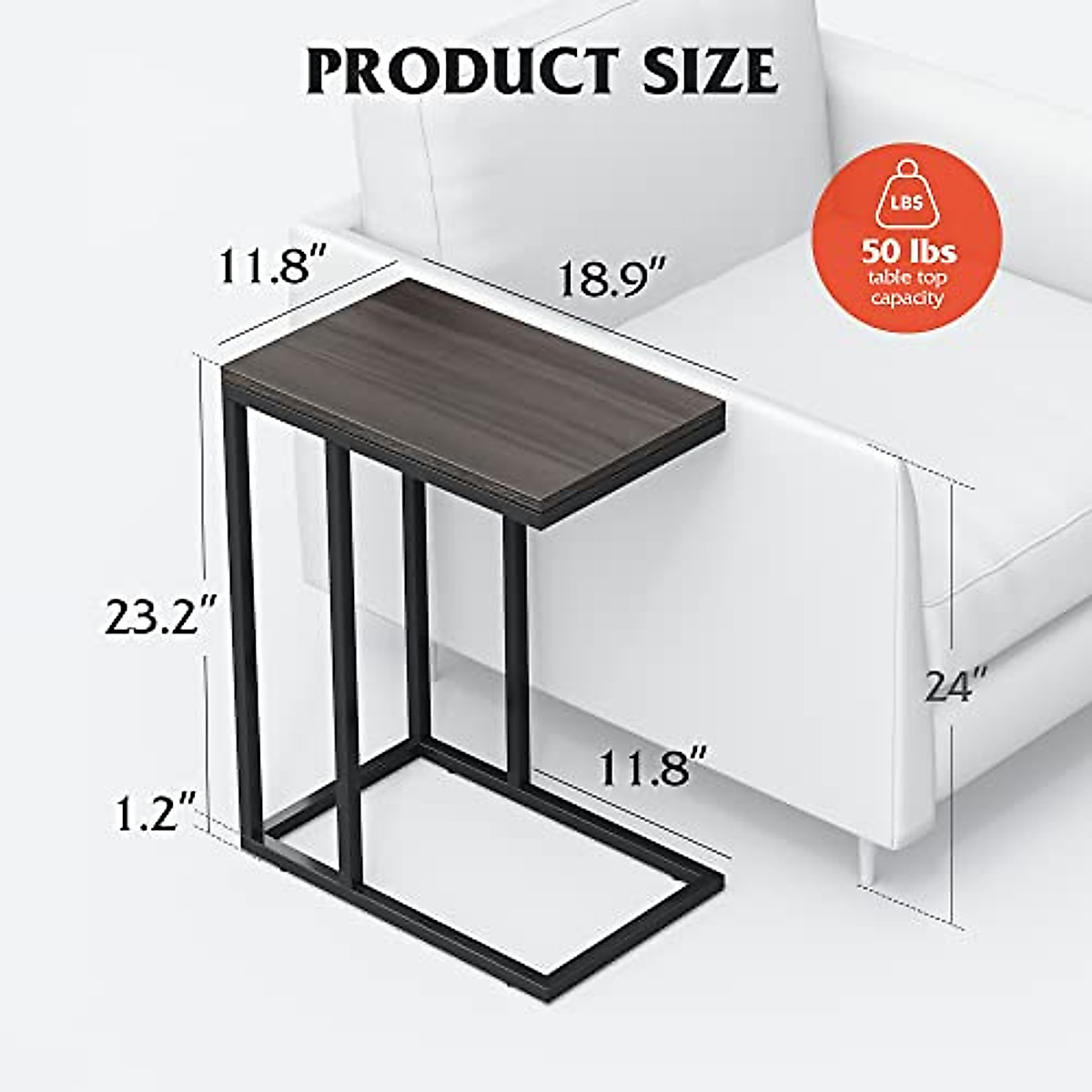 WLIVE Side Table, C Shaped End Table for Couch, Sofa and Bed, Large Desktop C Table for Living Room, Bedroom, Gray and Black