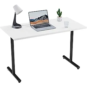 Sunon Home Office 47" Computer Desk Wood Writing Table with Cable Managemant, Black Metal Frame, White