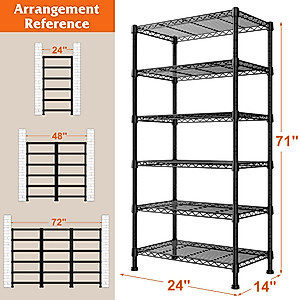 REIBII 6-tire Wire Shelving Rack,Storage Shelves Metal Shelves for Storage Load 1000 LBS,Heavy Duty Shelving Unit with Wire Shelf Adjustable Pantry Shelf Bathroom Kitchen Garage Black 24" Wx14 Dx71 H