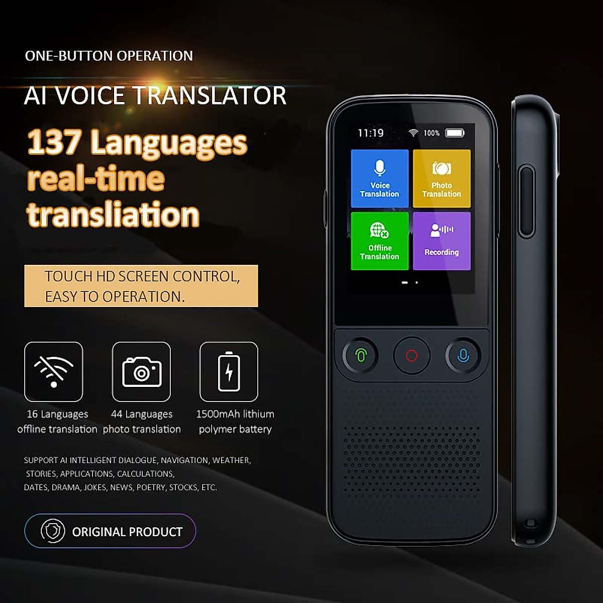 Language Voice Translator Device Portable Smart Translator Two Way Online 138 Languages Real Time - Black
