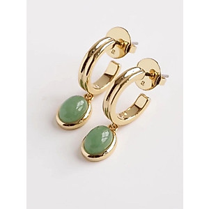Candro CANDRO 18K Genuine Gold Plated Natural Green Aventurine Women's Earrings, S925 Silver Needle Anti-allergy Lasting Gloss Craft, Vintage Elegant Green Pendant Earrings, Gift Friends Family