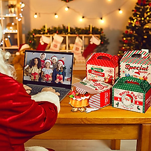 24 Pcs Christmas Cardboard Treat Boxes Red and Green Xmas Santa Delivery from North Pole Gift Boxes for Goodie Cookie with Handles Food Packaging Boxes for Office Party Favor Supplies (Cute Style)