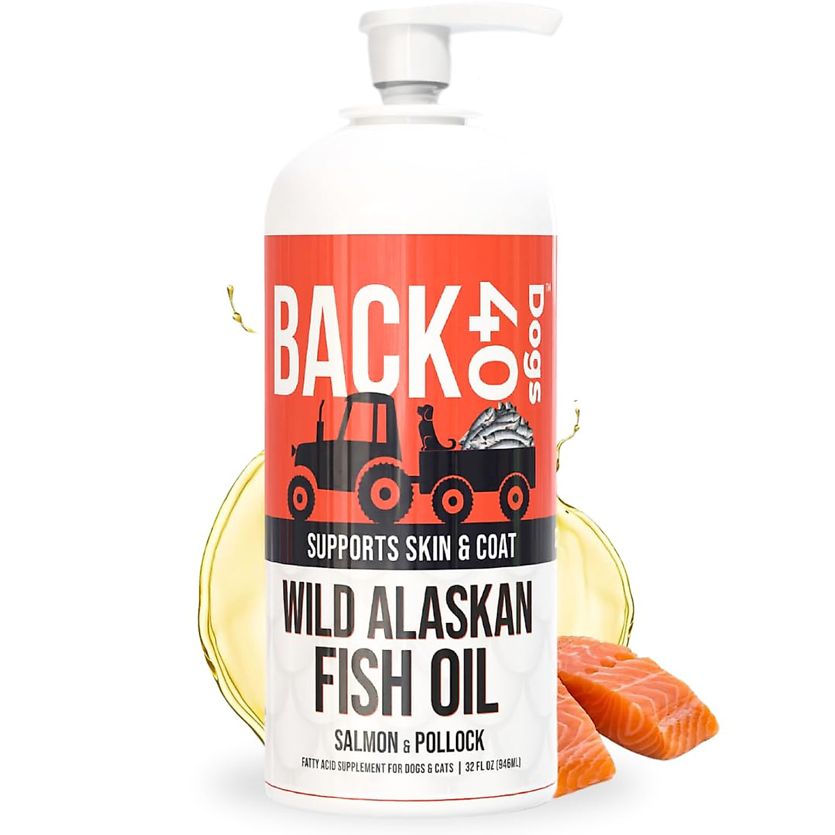 BACK 40 Dogs Wild Alaskan Fish Oil for Dogs, Skin and Coat Supplement for Dogs & Cats, Omega-3-Rich Salmon and Pollock Oil, EPA & DHA Dog Salmon Oil for Brain, Heart, and Joints 32 fl oz