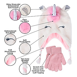 Kids Winter Hat and Kids Gloves Set for Girls & Boys Ages 4-7 Years Old + Ear Flaps Chin Strap (Pink/White Unicorn - Gloves)