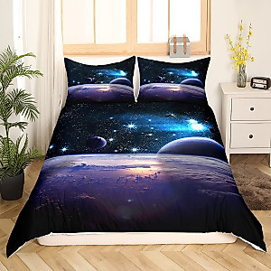 Full 3-Piece Galaxies Comforter Sets - 3D Printed Space Themed Duvet Cover Set Luxury Kids Boys Bedding All-Season Down Galaxy Series Bedding Set for Adult Teen Universe Pattern Bedspread Cover