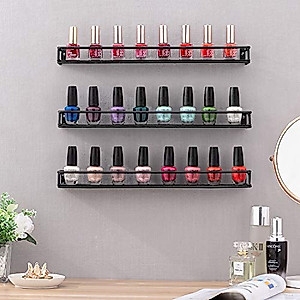 MyGift Set of 3 Wall-Mounted Black Metal Nail Polish and Essential Oils Display Shelves, Kitchen Spice Jars Rack