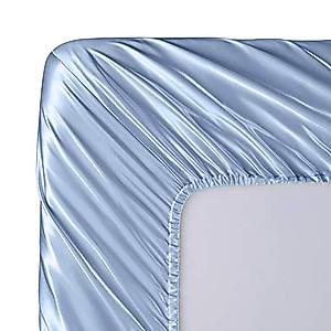 SiinvdaBZX 3-Piece Set Satin Twin Fitted Sheet & 2 Pillowcase, Baby Blue Silky Soft Fitted Bottom Sheet, Wrinkle Free, Fade Resistant, Deep Pocket Bed Sheet (Deep Up to 15")