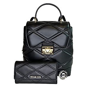 Michael Kors Serena MD Flap Backpack bundled with Trifold Wallet and Purse Hook (Black)