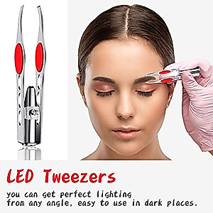 2 Pieces Tweezers with LED Light Hair Removal Lighted Tweezers Makeup Tweezers with Light for Women Precision Eyebrow Hair Removal Tweezers Stainless Steel Tweezers (Red)