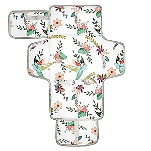 Flowers Portable Baby Changing Pads Travel Diaper Changing Table Mat Foldable Waterproof Changing Station with Built-in Pillow for Newborn Stuff Essentials Gifts