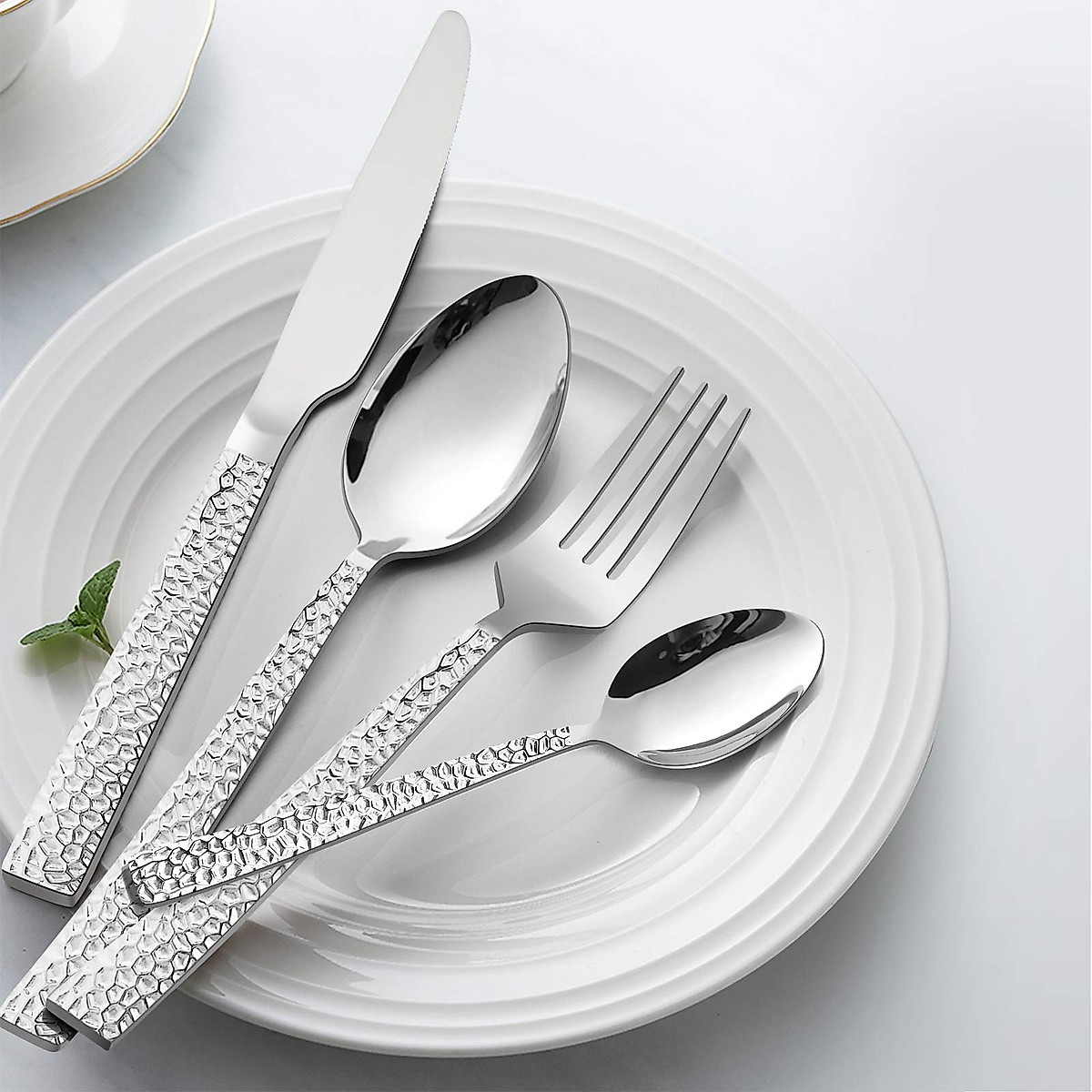 HaWare 65-Piece Hammered Flatware Serving Set, Stainless Steel Silverware Cutlery Set for Home/Hotel/Restaurant, Service for 12, Elegant & Classic Design, Dishwasher Safe-Square Edge