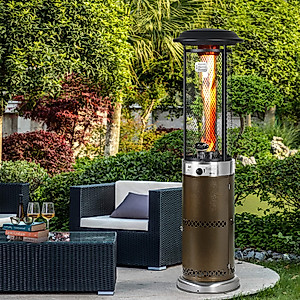 BALI OUTDOORS Patio Heater Floor-Standing Propane Commercial Patio Heater Outdoor 36,000 BTUs Gas Cylinder Heater Glass Tube Wheels Stainless Steel Base Round Reflector Shield Bronze