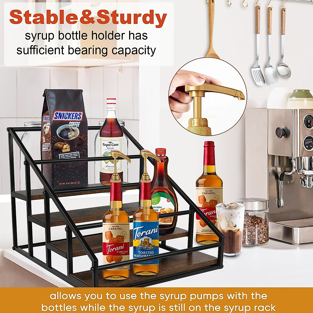 YQBRAO Coffee Syrup Organizer, 4-Tier 16 Bottles Coffee Syrup Rack for Coffee Bar, Coffee Syrup Stand for kitchen coffee station, Coffee Syrup Holder for Syrup, Wine, Dressing
