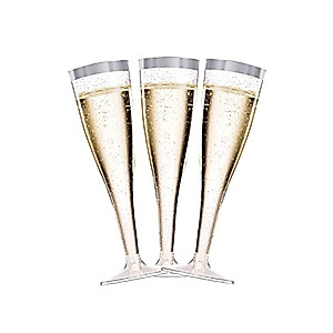 BloominGoods 50 Plastic Silver Glitter Champagne Flutes | 7 oz. Clear Hard Disposable Party & Wedding Glass | Premium Heavy Duty Fancy Cup (50-Pack)