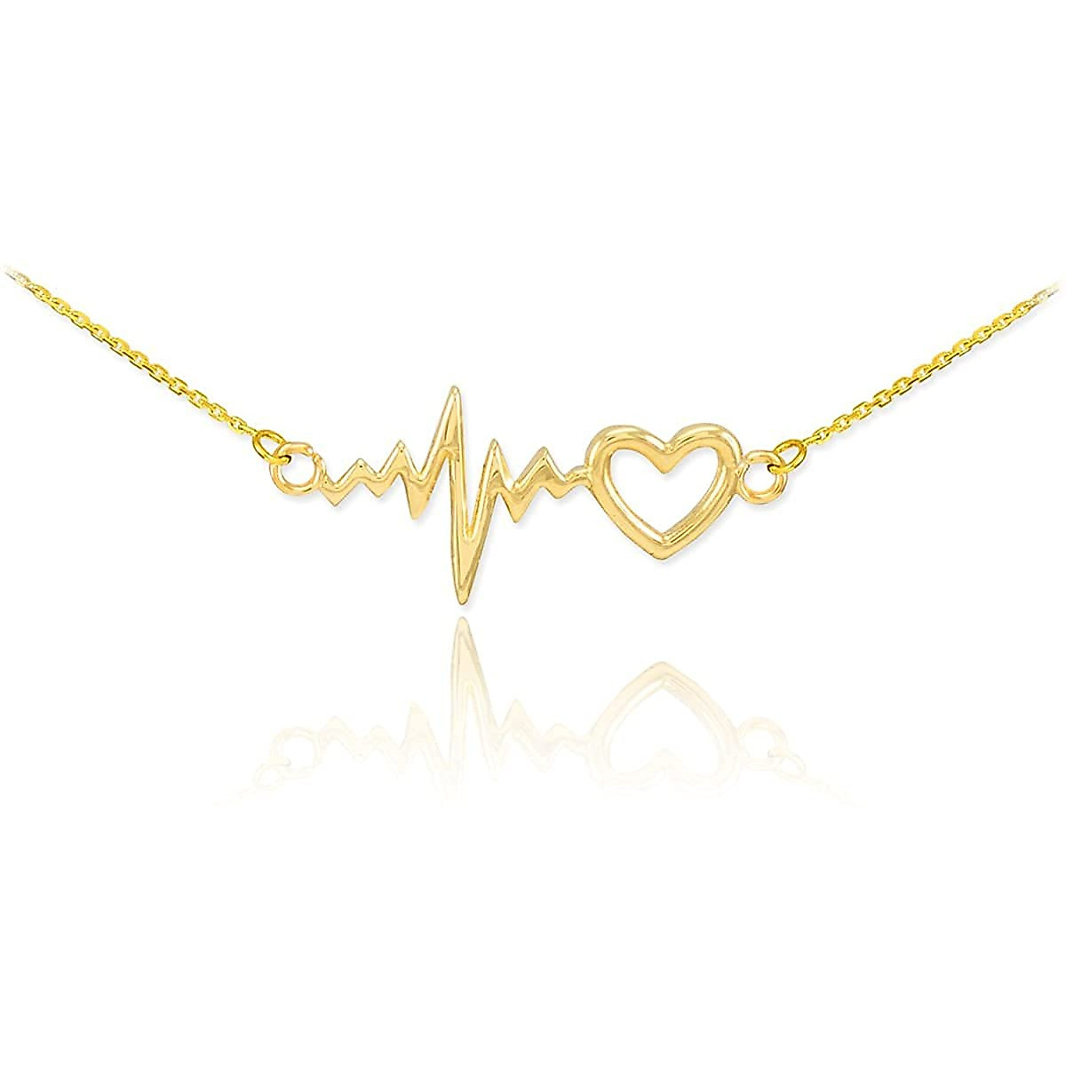 14K Yellow Gold Lifeline Pulse Heartbeat Open Heart Charm Pendant Necklace - 18" Rolo Chain