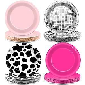 48Pcs Western Cowgirl Party Paper Plates for Cow Print Themed Party Supplies 7" Hot Pink Disco Ball Disposable Dessert Plates for Cowgirl Birthday Bachelorette 80s 90s Disco Shower Party Decorations